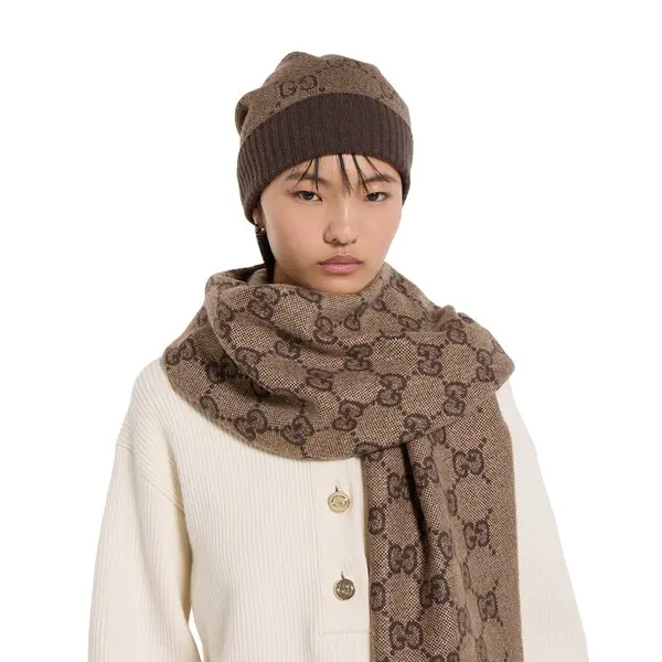 Gucci Gg Cashmere Lamé Beanie - Brown