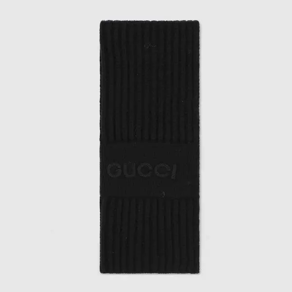 Gucci Wool Cashmere Scarf With Embroidery - Black