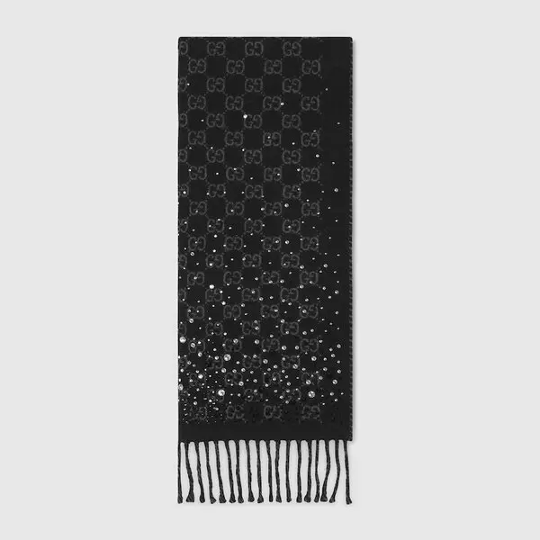 Gucci Gg Wool Scarf With Crystals - Black