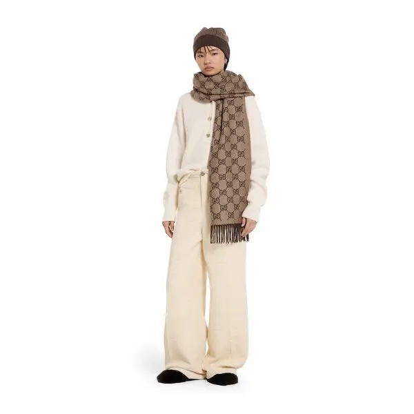 Gucci Gg Cashmere Lamé Scarf - Brown