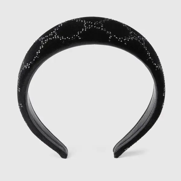 Gucci Velvet Headband With Gg Crystals - Black