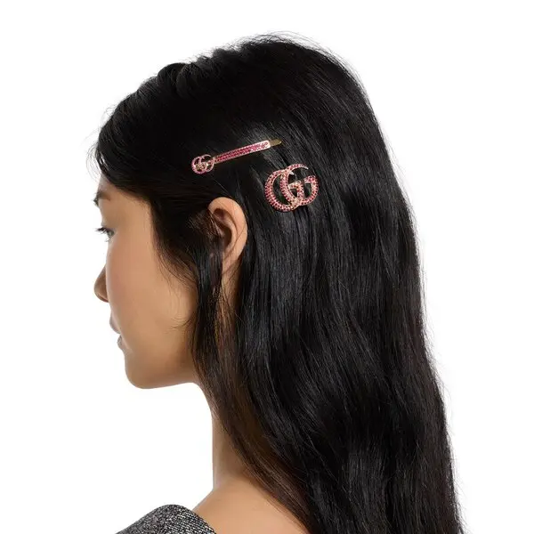 Gucci Double G Hair Slide Set With Crystals - Pink