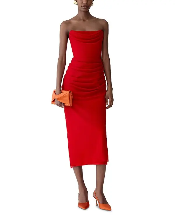 Carolina Herrera Strapless Draped Midi Silk Dress