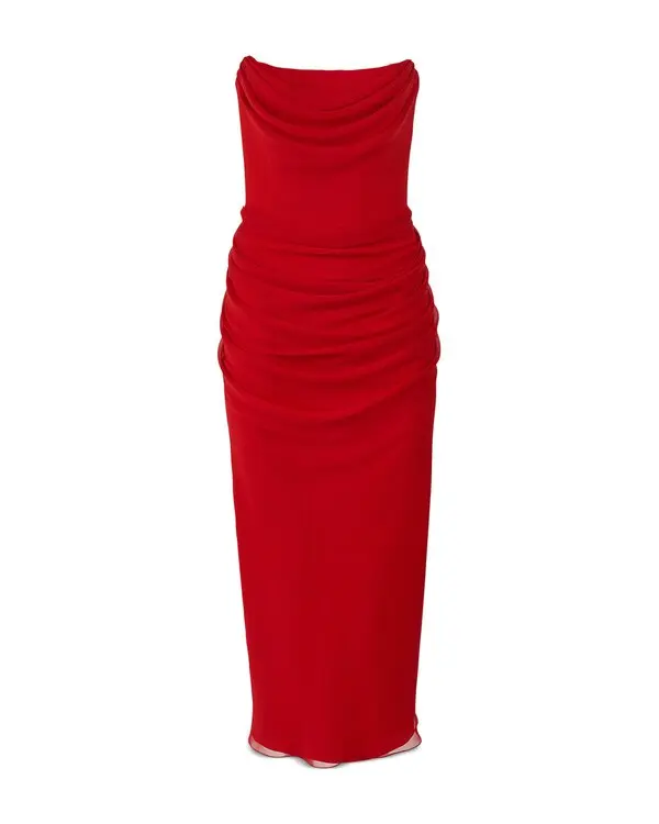 Carolina Herrera Strapless Draped Midi Silk Dress