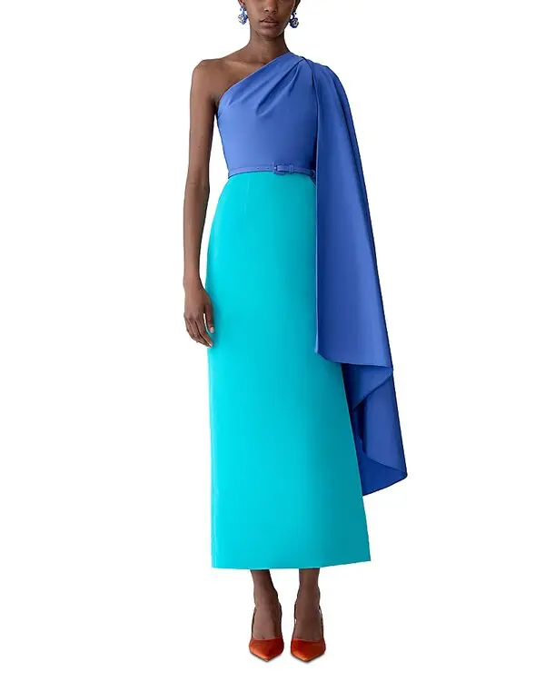 Carolina Herrera One Shoulder Draped Cape Silk Dress