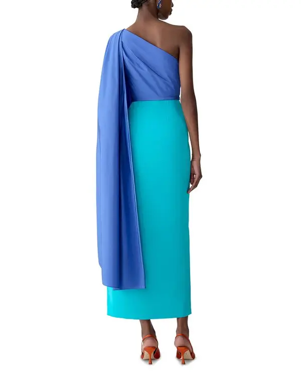 Carolina Herrera One Shoulder Draped Cape Silk Dress