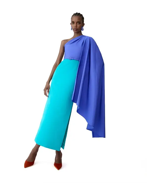 Carolina Herrera One Shoulder Draped Cape Silk Dress