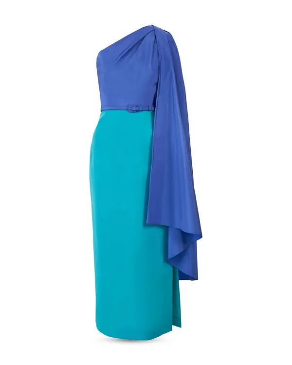 Carolina Herrera One Shoulder Draped Cape Silk Dress