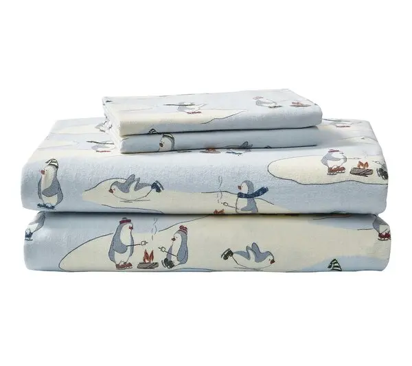 Eddie Bauer Skating Penguins Blue Cotton Queen Sheet Set - One-color