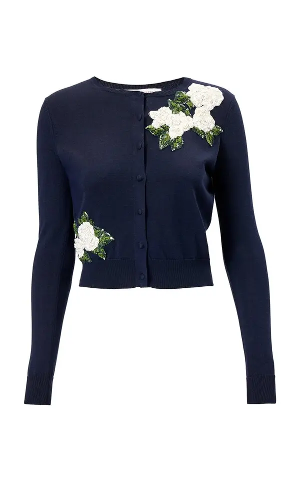 Carolina Herrera Floral Embroidered Silk-blend Cropped Cardigan - Navy