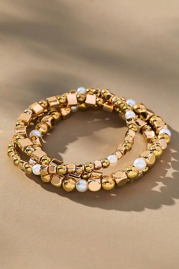 Anthropologie Set Of Three Beaded Bracelets - Gold