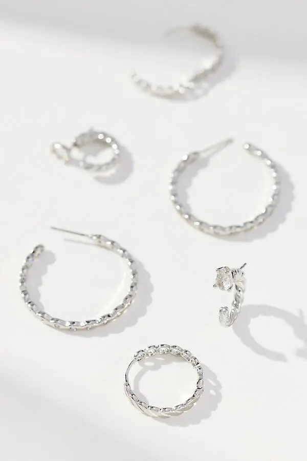 Anthropologie Braided Crystal Hoop Earrings, Set Of 3 - Silver