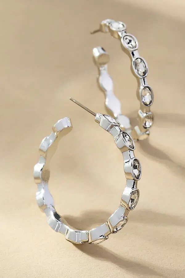 Anthropologie Wavy Crystal Hoop Earrings - Silver