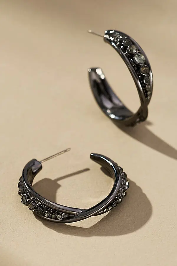 Anthropologie Crystal Column Twist Hoop Earrings - Gunmetal