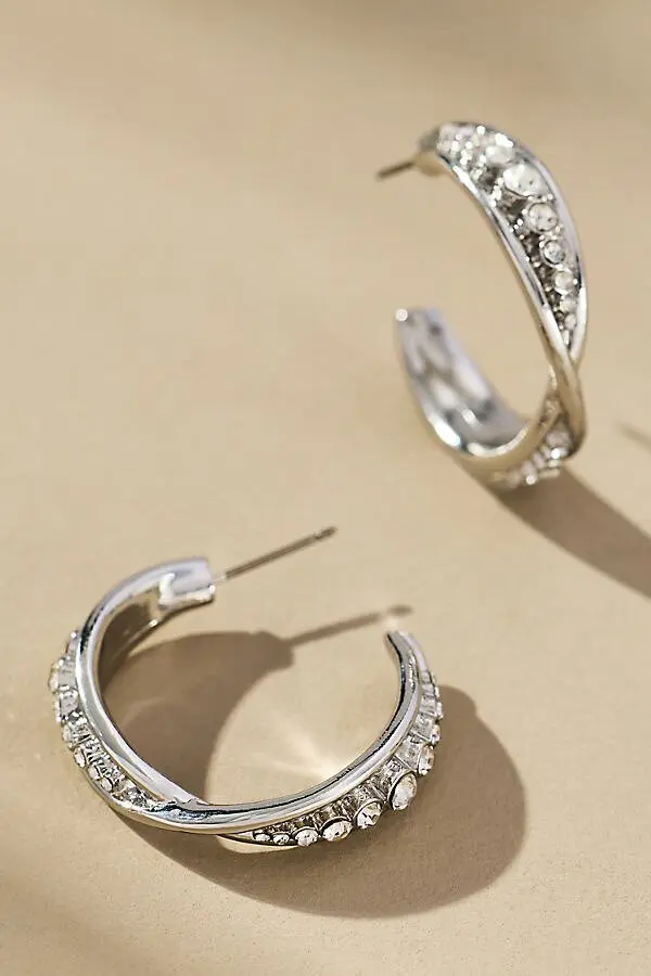 Anthropologie Crystal Column Twist Hoop Earrings - Silver