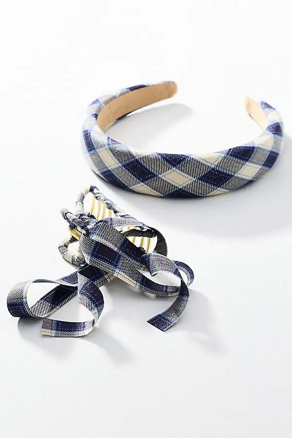Anthropologie Plaid Headband & Bow Hair Claw Clip Set - Blue