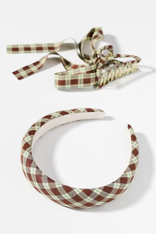 Anthropologie Plaid Headband And Bow Hair Clip Set - Chocolate