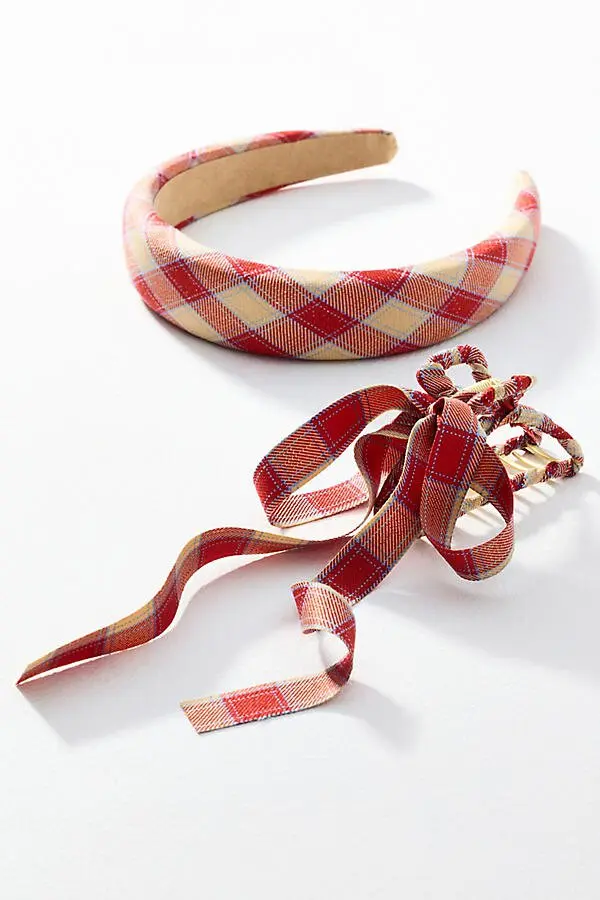 Anthropologie Plaid Headband & Bow Hair Claw Clip Set - Red