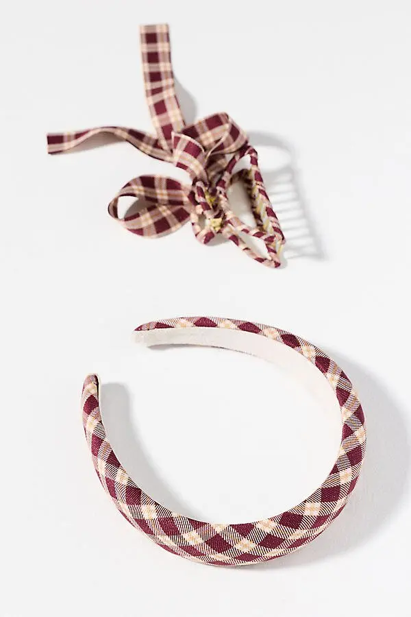 Anthropologie Plaid Headband & Bow Hair Claw Clip Set - Wine