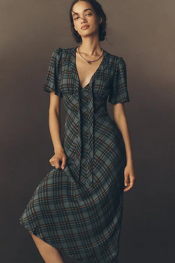REFORMATION Tyra Short-sleeve V-neck Midi Dress - Slate Plaid