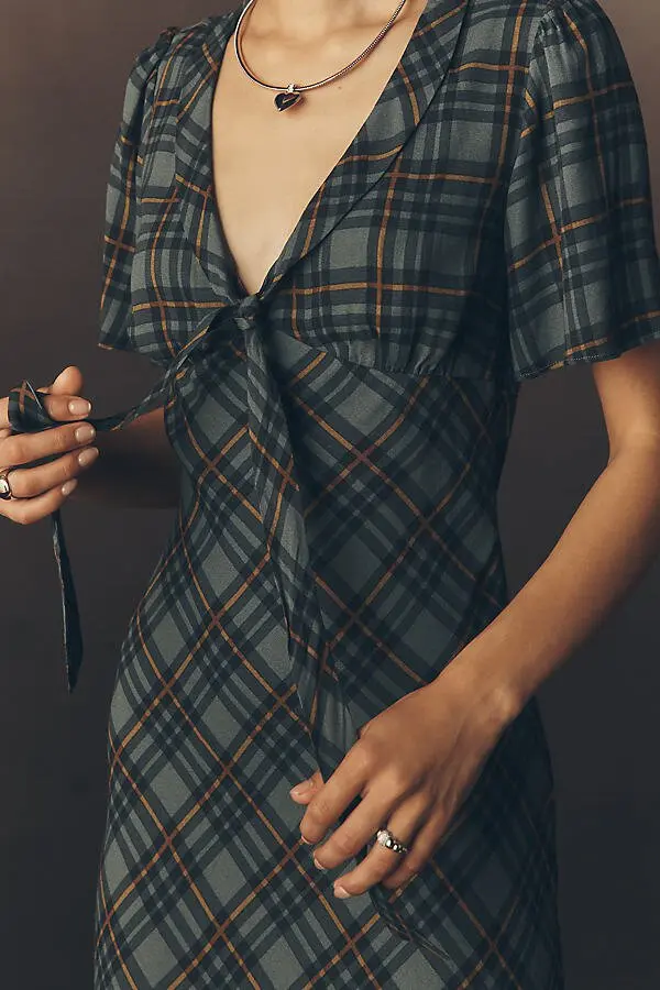 Reformation Tyra Short-Sleeve V-Neck Midi Dress - Slate Plaid | Editorialist