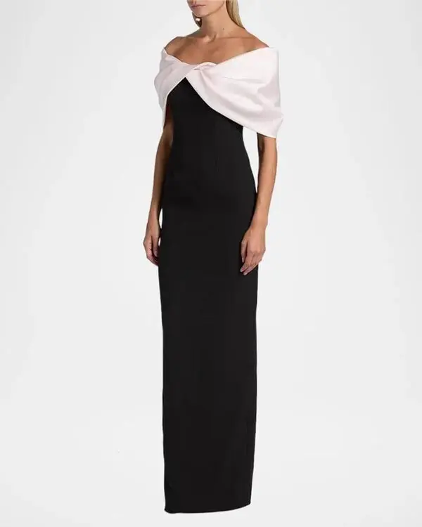 Pamella Roland Mikado Off-the-shoulder Column Gown - Black/pink