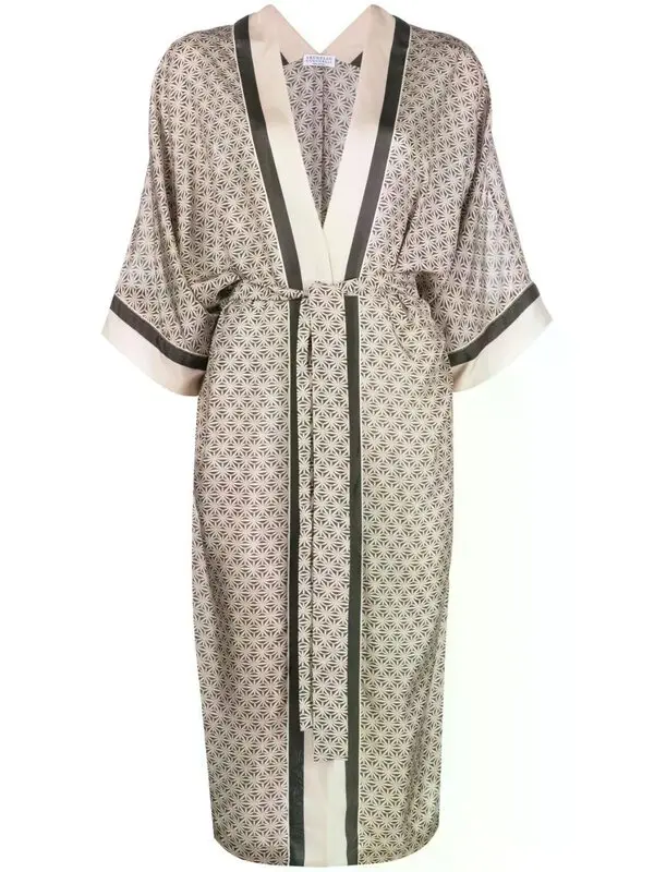 Brunello Cucinelli Geometric-print Silk Wrap Coat - Neutrals