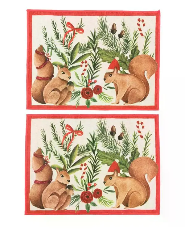 TESSITURA TOSCANA TELERIE Nutnook Squirrel Print Border Placemat - Red