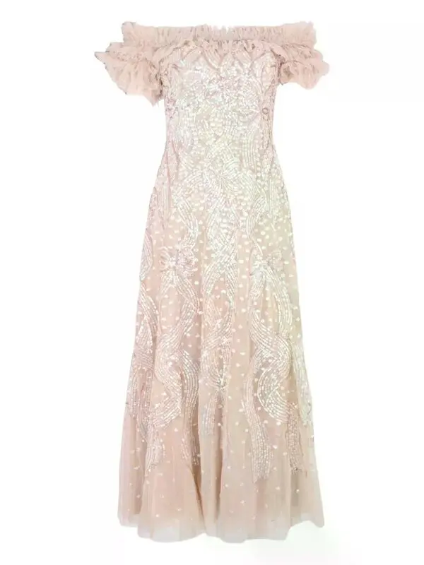 NEEDLE & THREAD Sequin-embellished Off-shoulder Midi Dress