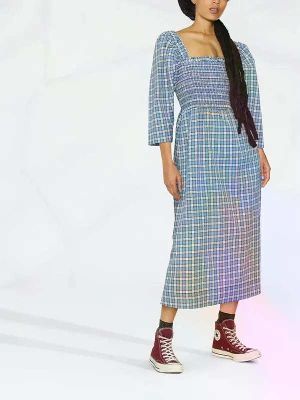 GANNI Seersucker Checked Midi Dress