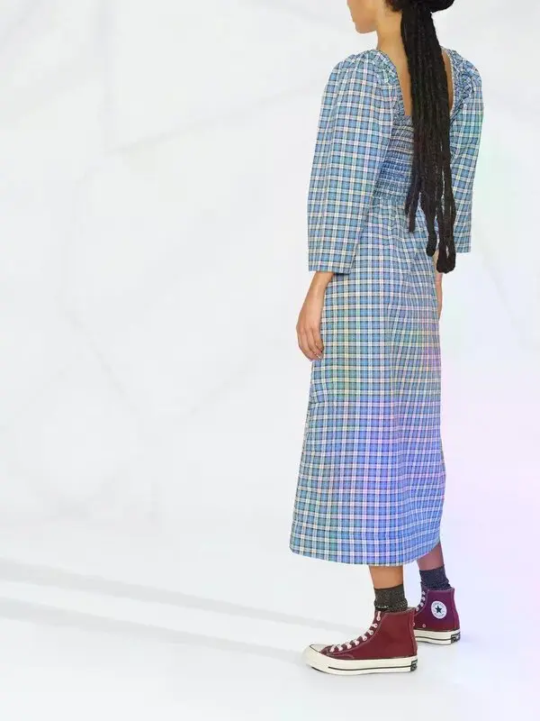 GANNI Seersucker Checked Midi Dress