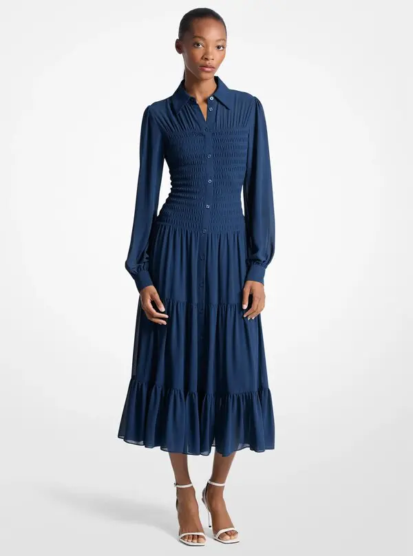 Michael Kors Smocked Georgette Shirtdress