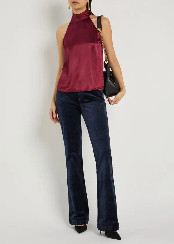 Paige Laurel Slim Flared-leg Velvet Trousers - Navy