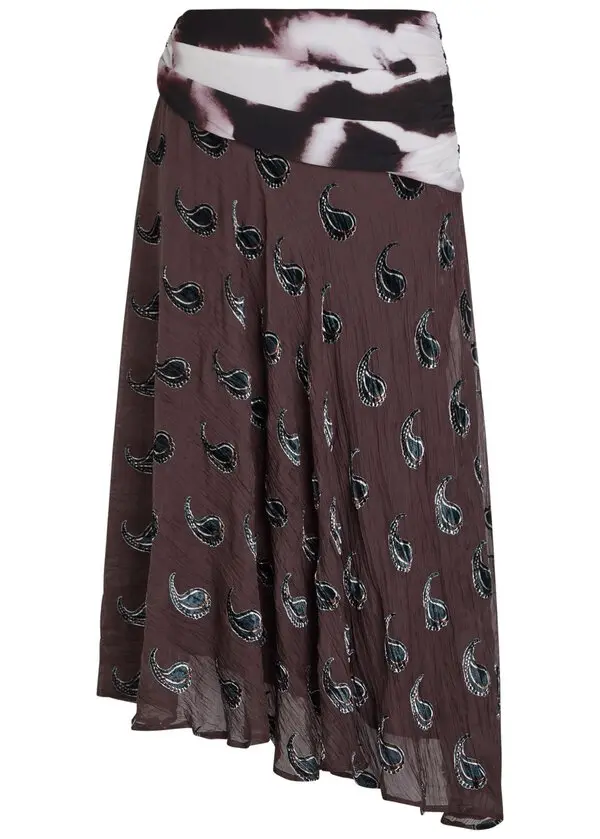 Tory Burch Paisley-devoré Asymmetric Silk-blend Midi Skirt