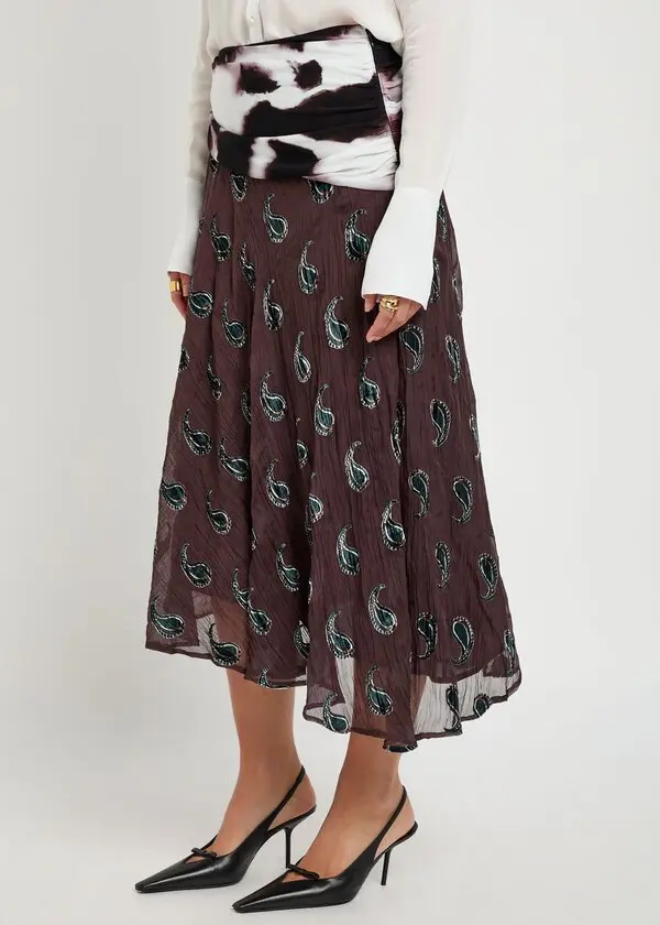 Tory Burch Paisley-devoré Asymmetric Silk-blend Midi Skirt