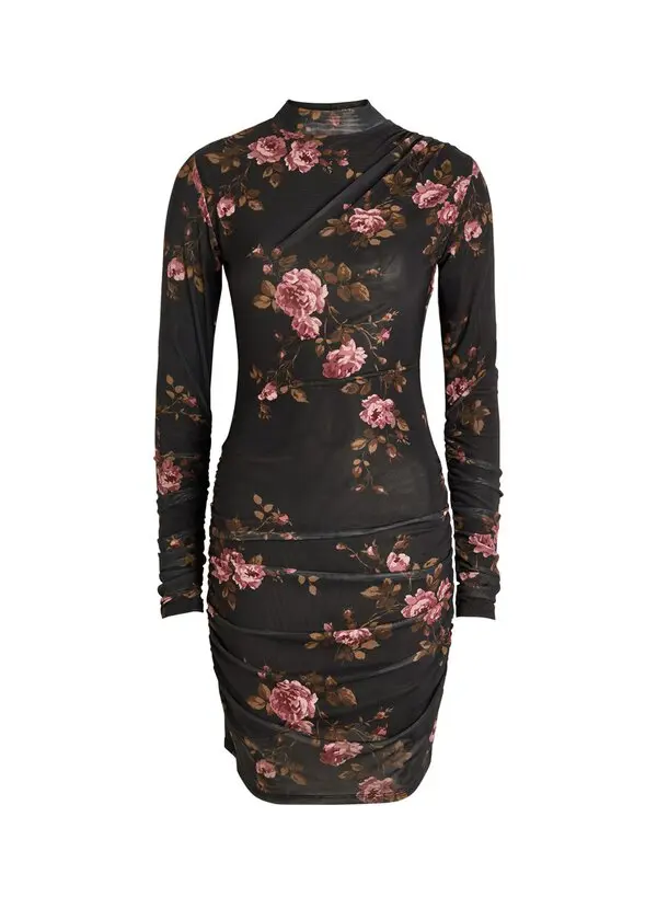 Reformation Floral-Print Ruched Mini Dress - Black | Editorialist