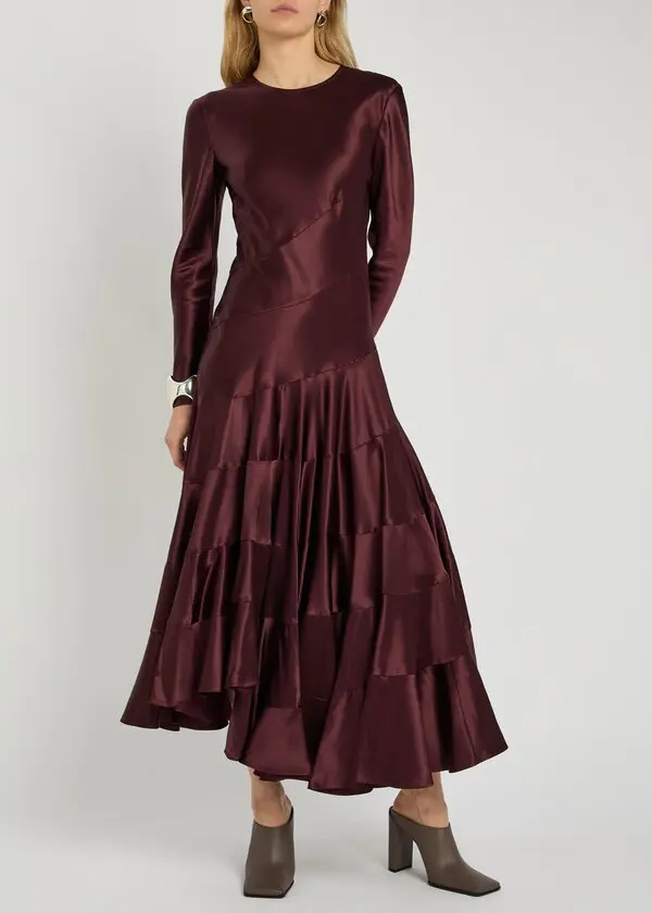 Tory Burch Asymmetric Satin Midi Dress - Dark Red