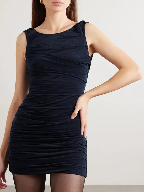Shushu/tong Bow-embellished Velvet-trimmed Gathered Jersey Mini Dress - Blue