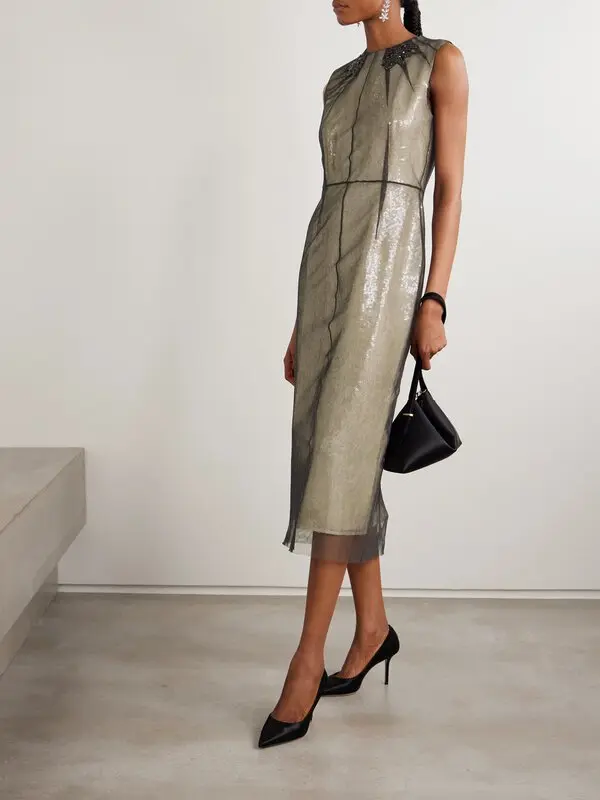 Erdem Layered Embellished Sequined Tulle Midi Dress