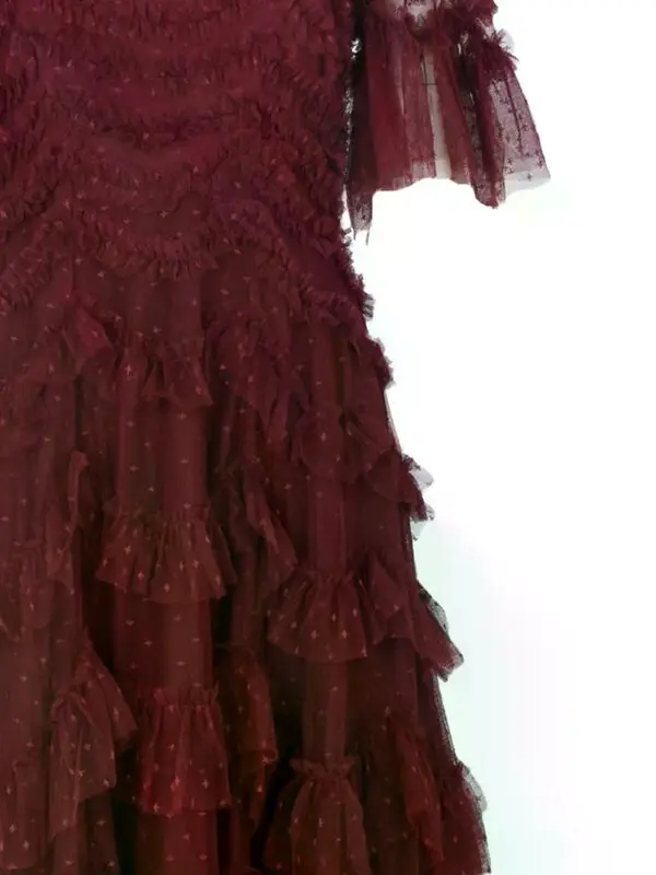 Needle & Thread Aviana Ruffled Embroidered Tulle Gown - Red | Editorialist