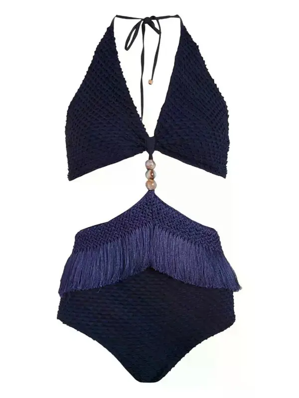PatBO Fringed Beaded Swimsuit - Blue