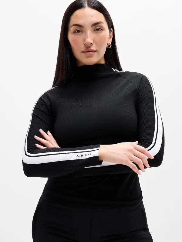 Athleta Renew Seamless Stripe Logo Mock Neck Top - Black/white