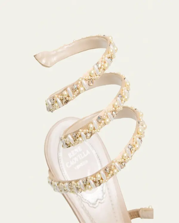 Rene Caovilla Cleo Pearly Crystal Snake-wrap Sandals