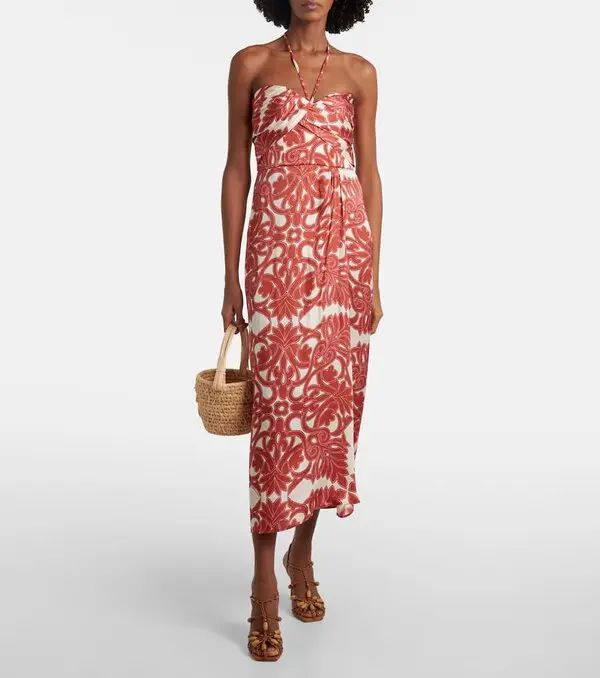 Poupette St Barth Collina Printed Satin Midi Dress - Red