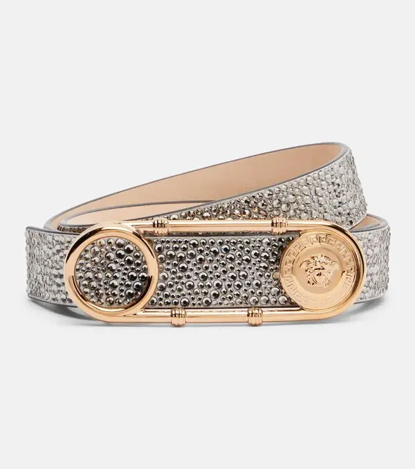 Versace Safety Pin Embellished Leather Belt - Silver