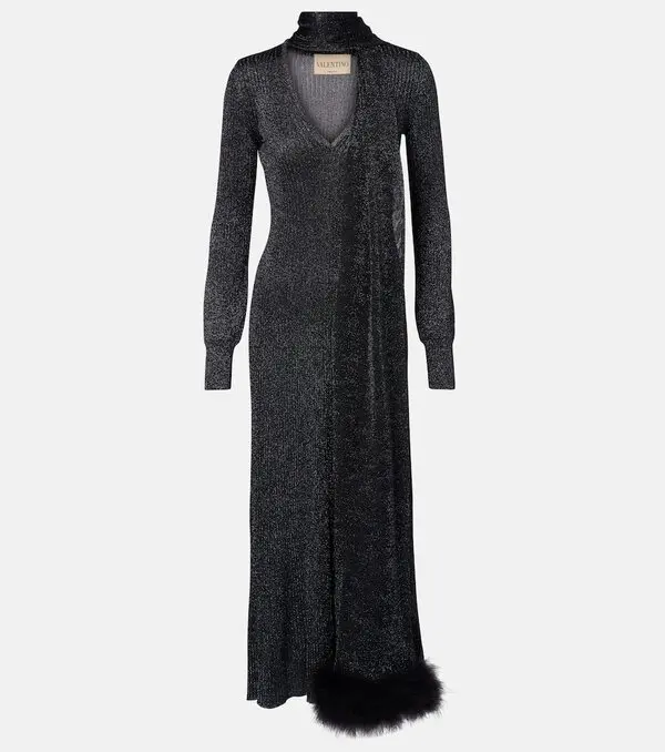 Valentino Garavani Feather-trimmed Lamé Maxi Dress - Black