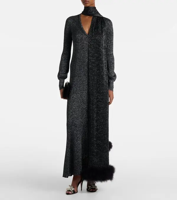 Valentino Garavani Feather-trimmed Lamé Maxi Dress