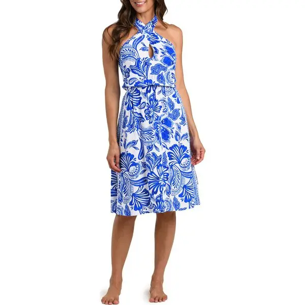 La Blanca Botanical Brocade Fit & Flare Halter Dress - Lapis