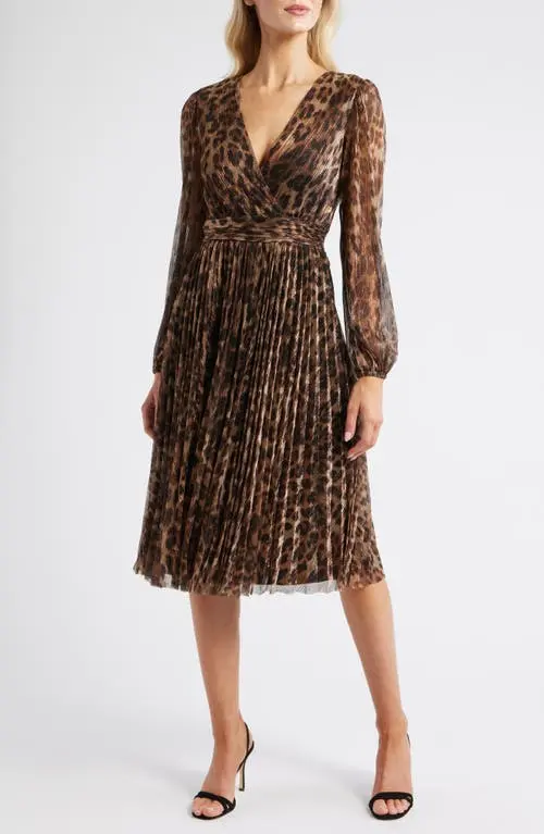 Halogen Metallic Leopard Print Long Sleeve Midi Dress