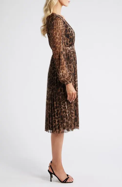 Halogen Metallic Leopard Print Long Sleeve Midi Dress